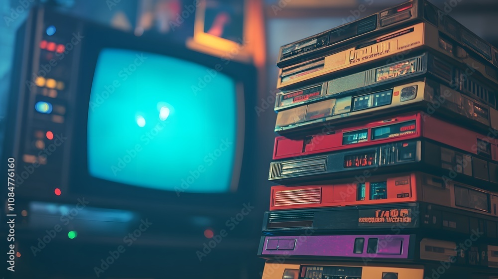 A stack of brightly colored VHS tapes, with bold labels and retro ...