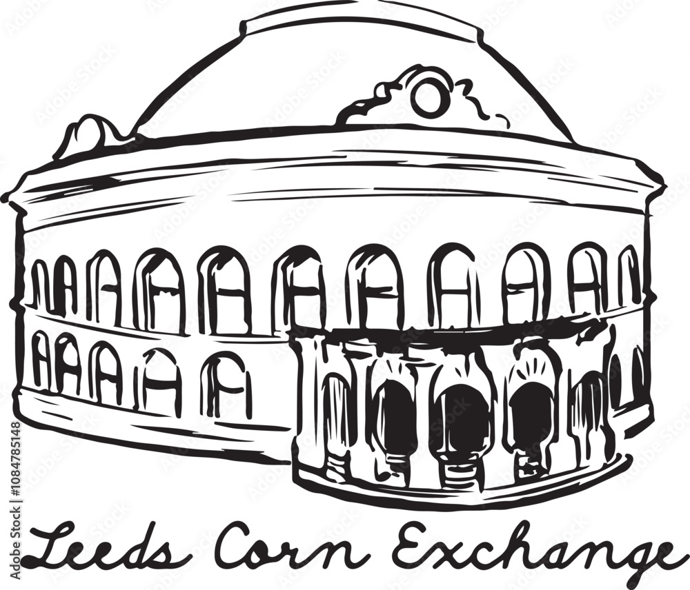 Leeds Corn Exchange building in Leeds, England ink drawing. Historical ...