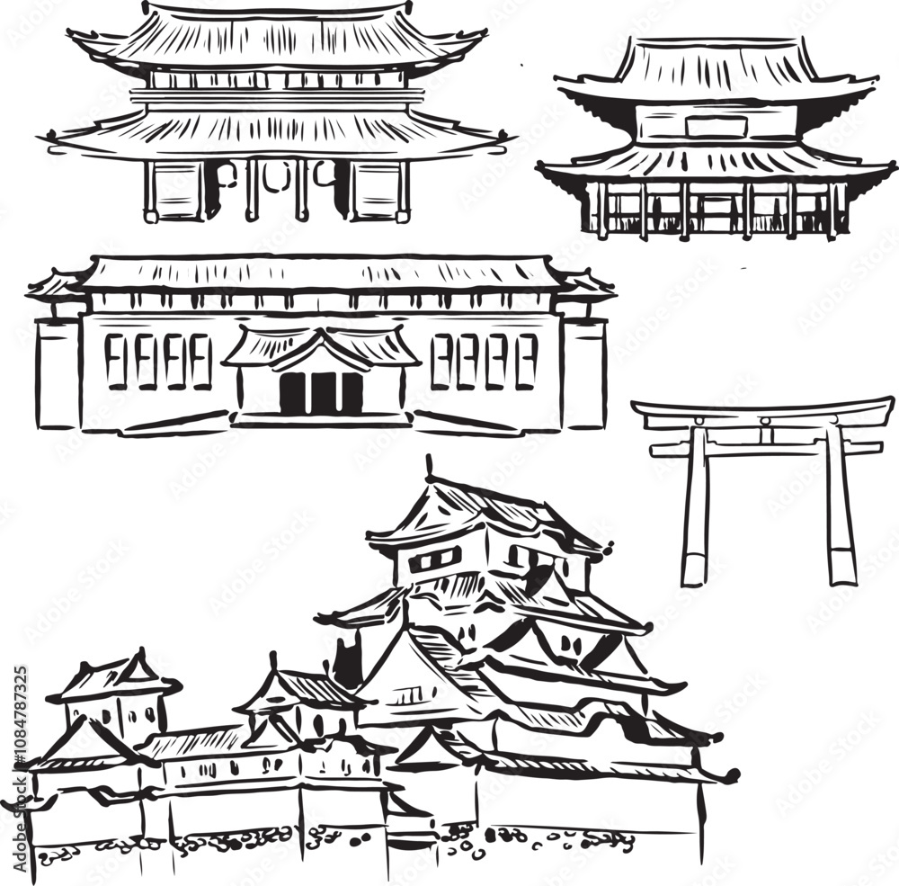 Tokyo traditional landmarks ink illustrations collection. Royal Palace ...