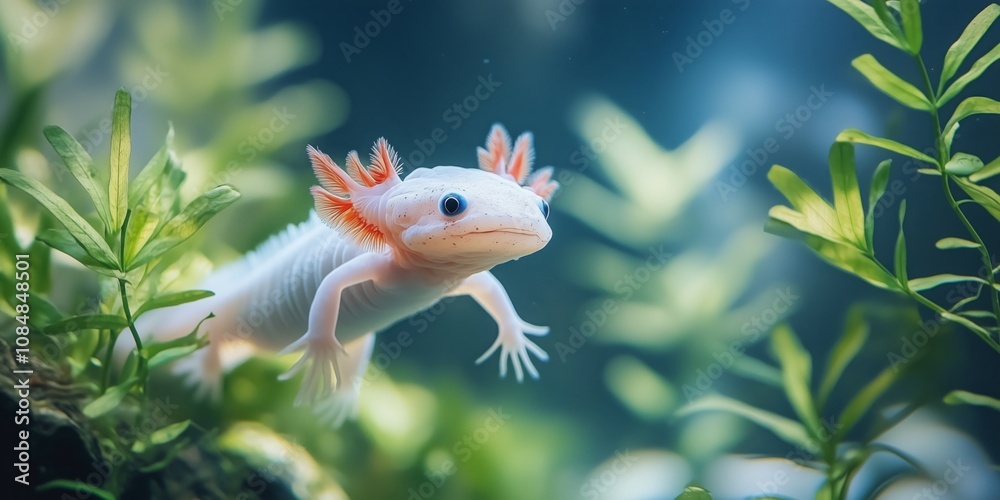 Albino axolotl swimming gracefully in a clear aquarium filled with ...