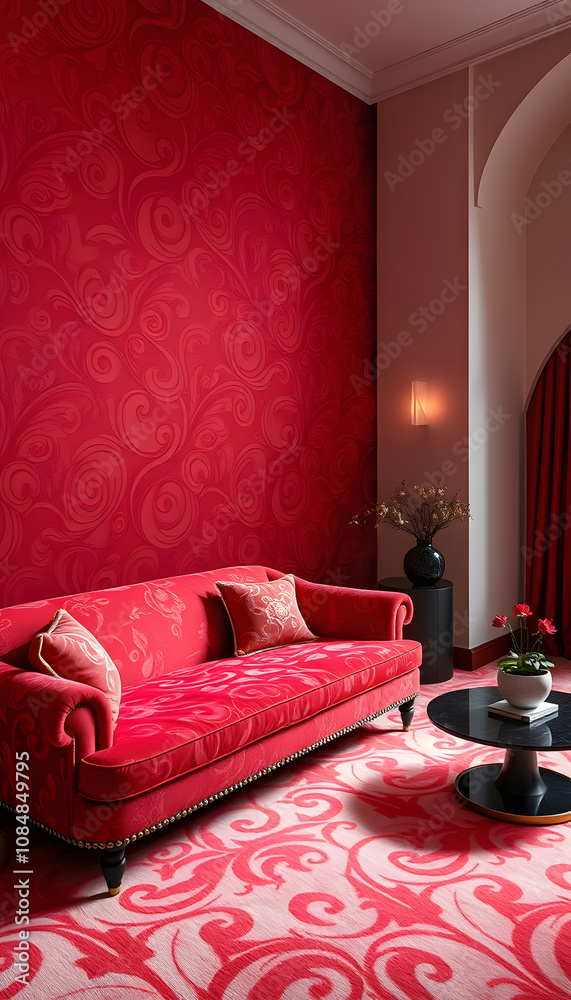 Patterned red wallpaper in the expensive interior. A lush red sofa ...