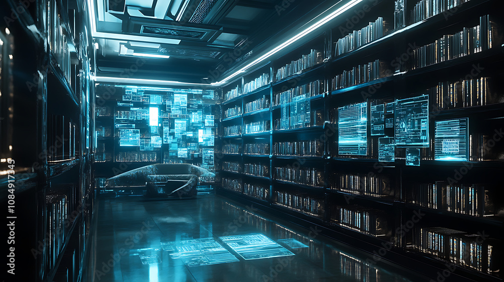 A futuristic library setting featuring shelves of digital books with ...