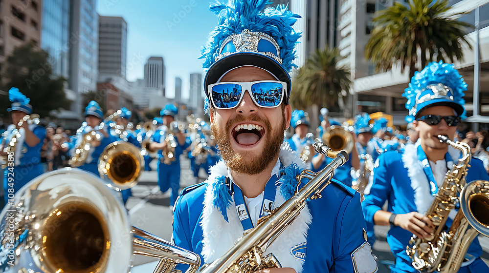 Marching band performing in vibrant city parade, showcasing musicians ...