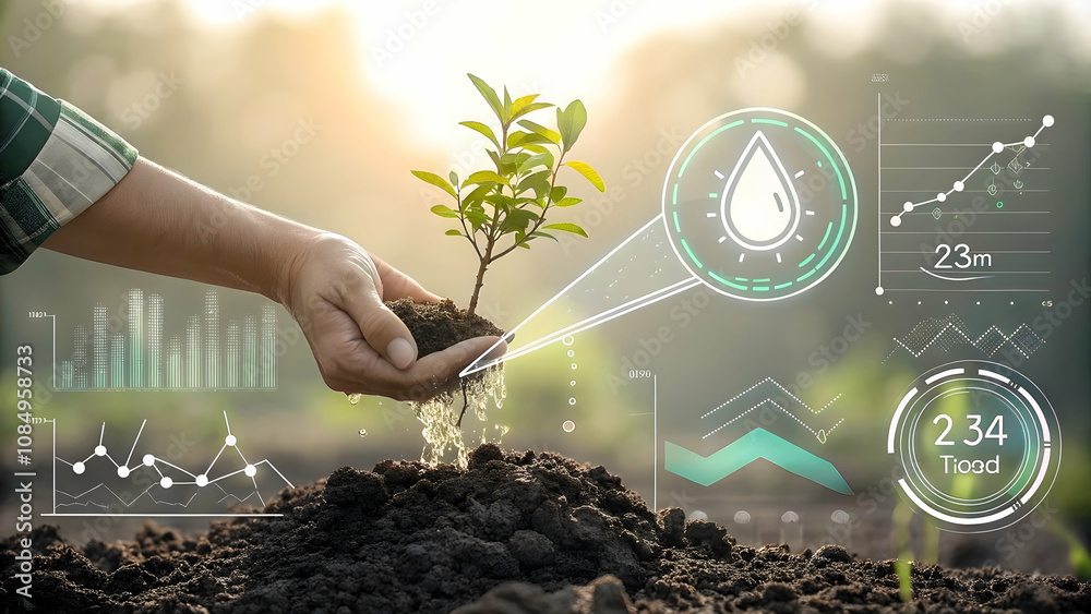 sustainabilityHand planting a small tree in soil with digital interface ...