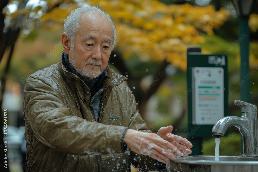 Elderly Man Practicing Hand Hygiene in Park for World Toilet Day - Soft ...