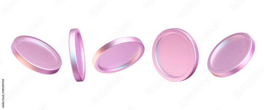 3d holographic coin in different angles. Chrome circles in pink colors ...