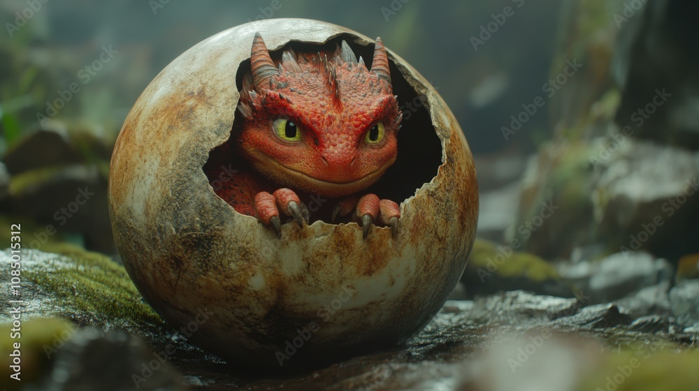 Red dragon cub emerging from a giant egg shell, eyes wide with wonder ...