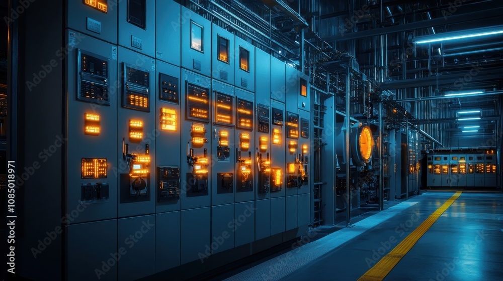 Illuminated switchgear panel in a high-tech electrical substation ...