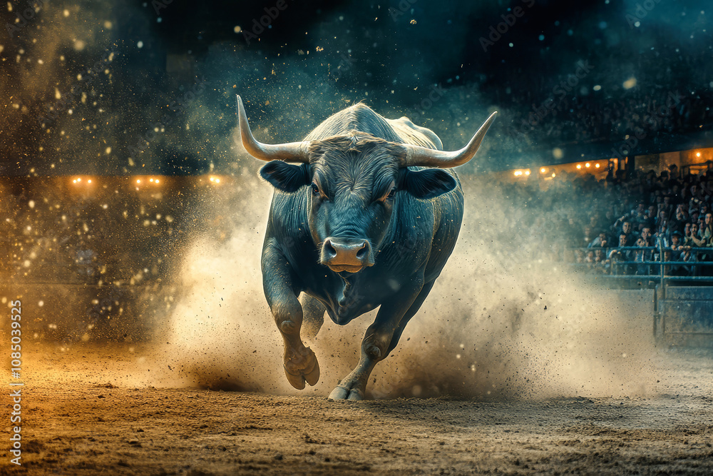 An angry bull charges through a dusty arena at night, illuminated by ...