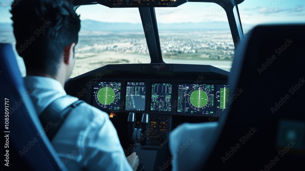 Pilot controls aircraft from cockpit view. Stock Photo | Adobe Stock