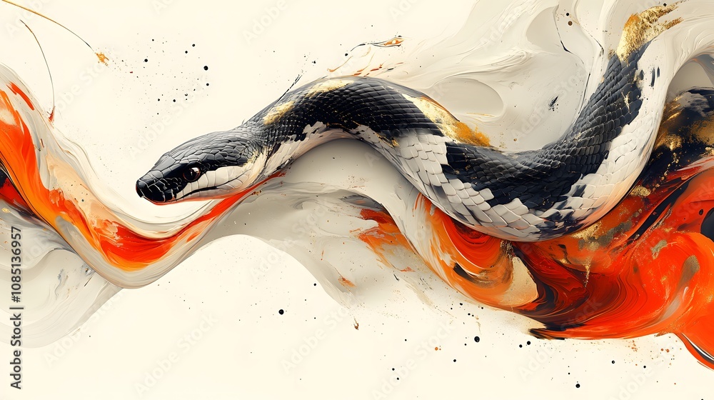 Dynamic Chinese zodiac snake design in modern art style, featuring red ...
