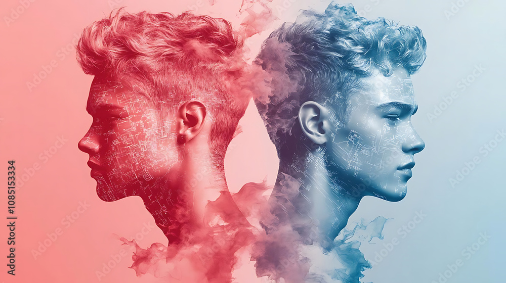 creative digital artwork of two male profiles with abstract effects ...
