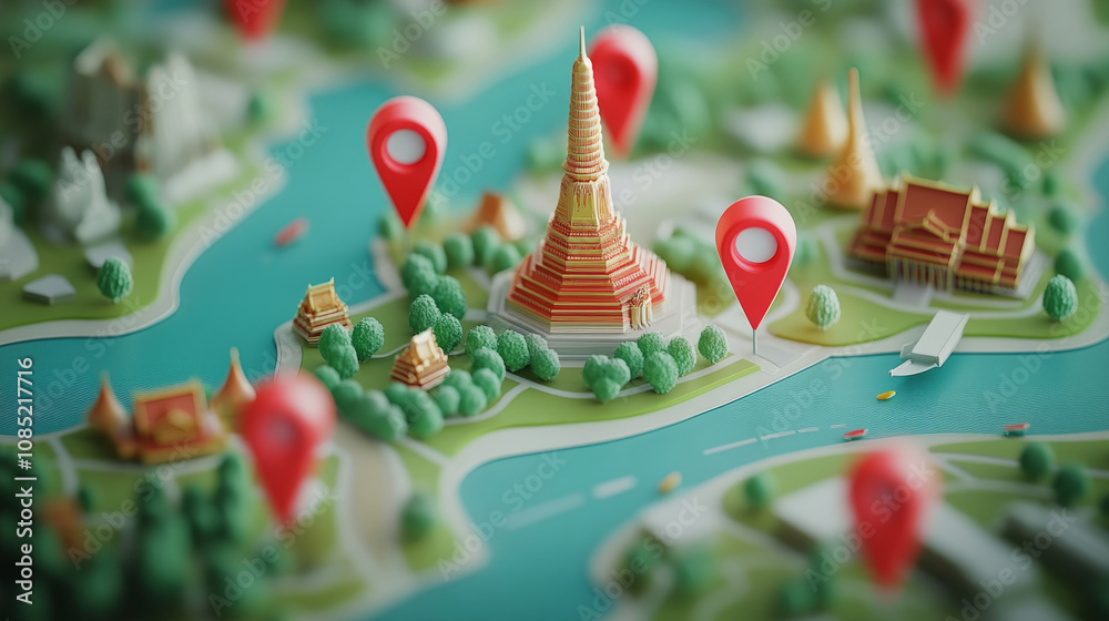 Red pins on a map mark popular tourist attractions in Thailand. These ...