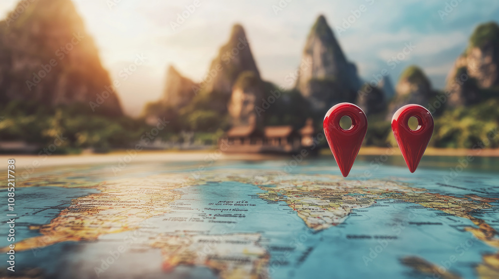 Red pins on a map mark popular tourist attractions in Thailand. These ...