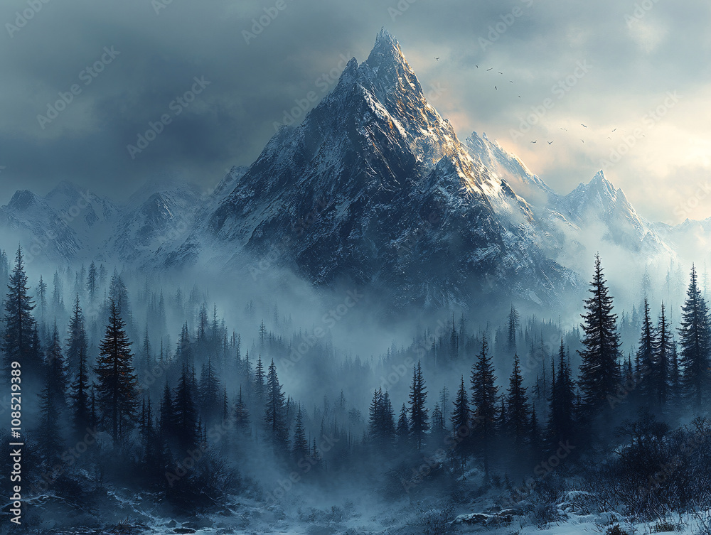 beautiful representation of a mountain range with fog in the foreground ...