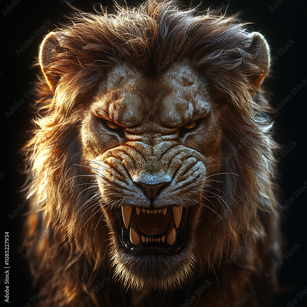 Furious lion with fierce expression, showcasing sharp teeth and ...