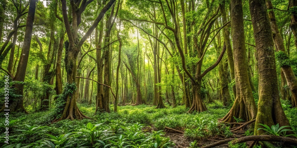 Towering trees and dense underbrush create a dense thicket that blocks ...