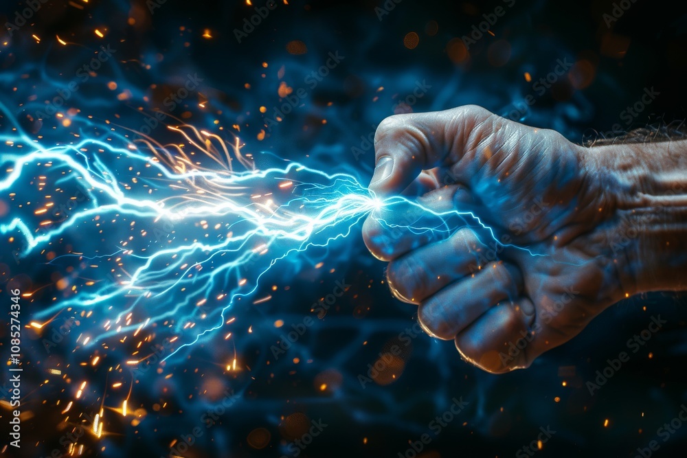 Electric energy surge from a clenched fist illuminated in a dark ...