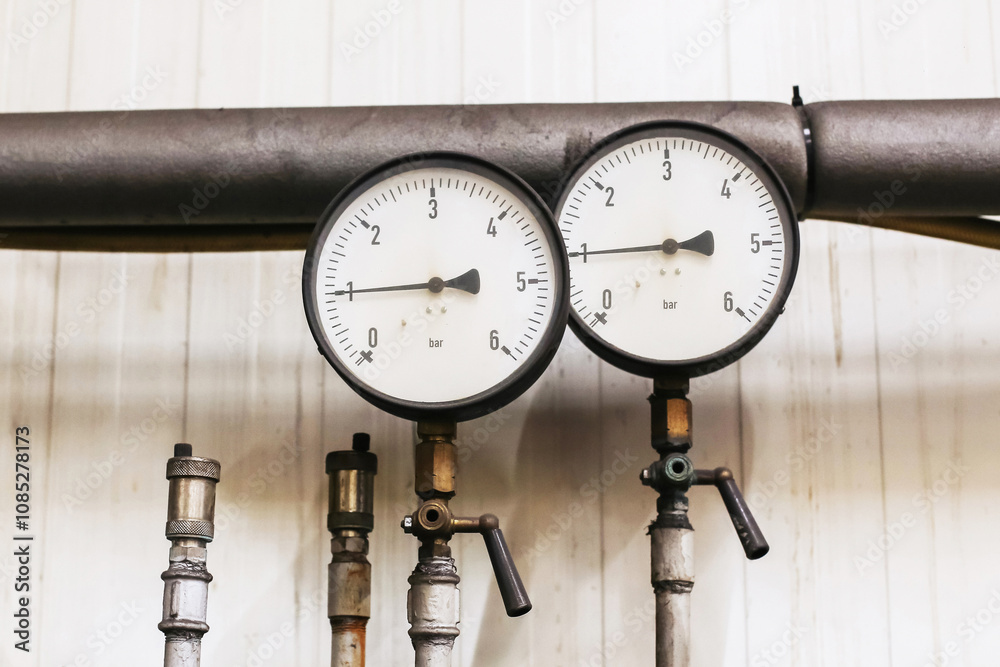 Photo Stock Industrial manometers in a factory. Round pressure gauge ...