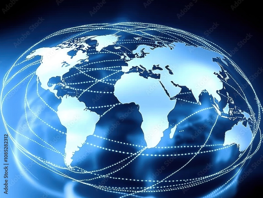Digital Global Network Concept with Glowing Blue Globe and Connected Lines Representing Data ...