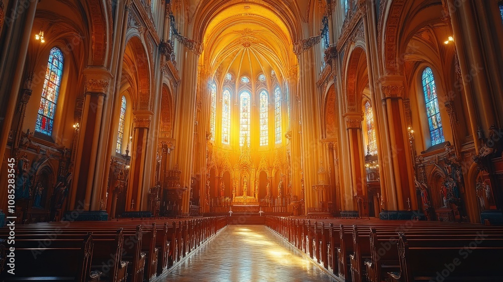 Sunlit interior of a grand church with stained glass windows, arched ...