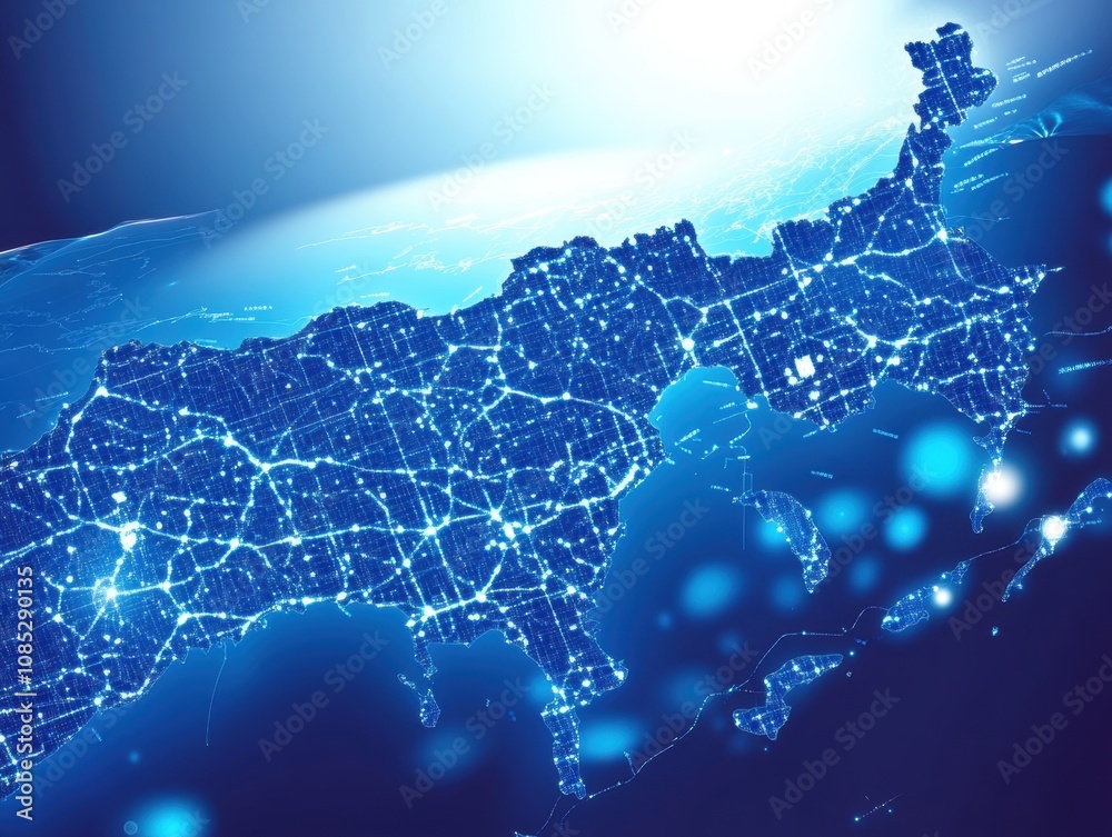 Digital Map of Japan with Networking Connections and Glowing Nodes ...
