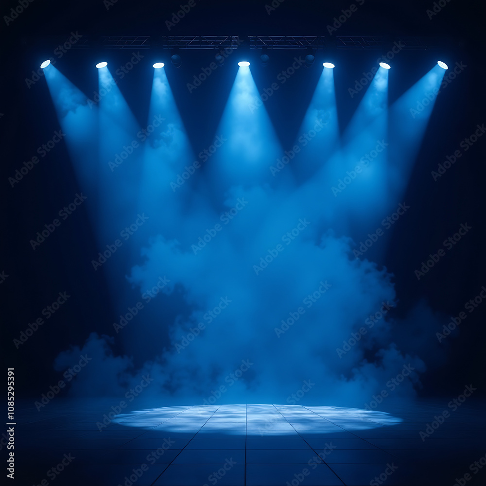Illuminated stage with scenic lights and smoke. Blue vector spotlight ...