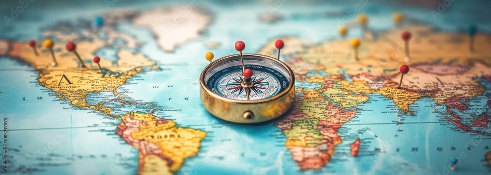 Vintage compass on a world map with colorful pins highlighting various ...