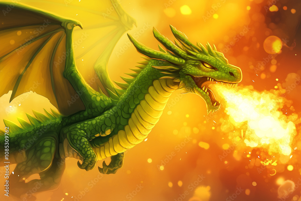 A fierce green dragon breathing fire, surrounded by a glowing ...