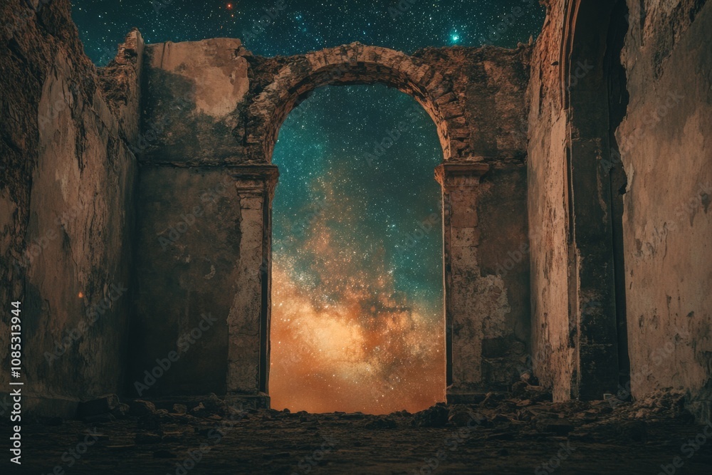 Ancient stone arches stand against a vibrant starry sky, with the Milky ...