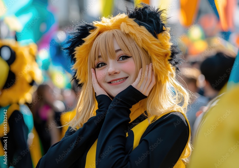blonde anime girl cosplay with her hands on the cheeks, smiling at ...