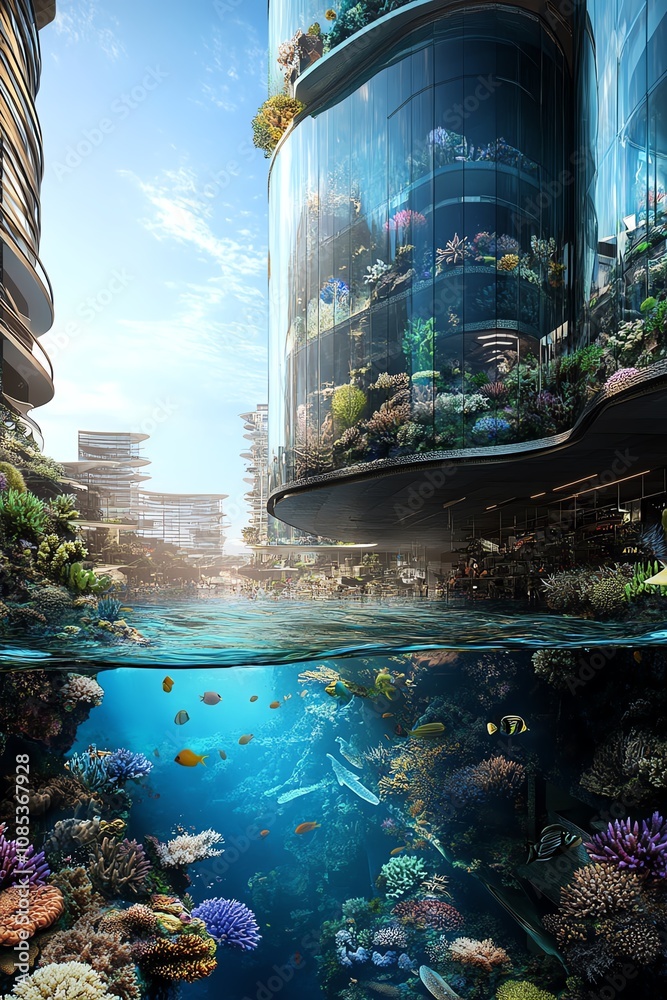 Futuristic underwater city with vibrant coral reefs and transparent ...