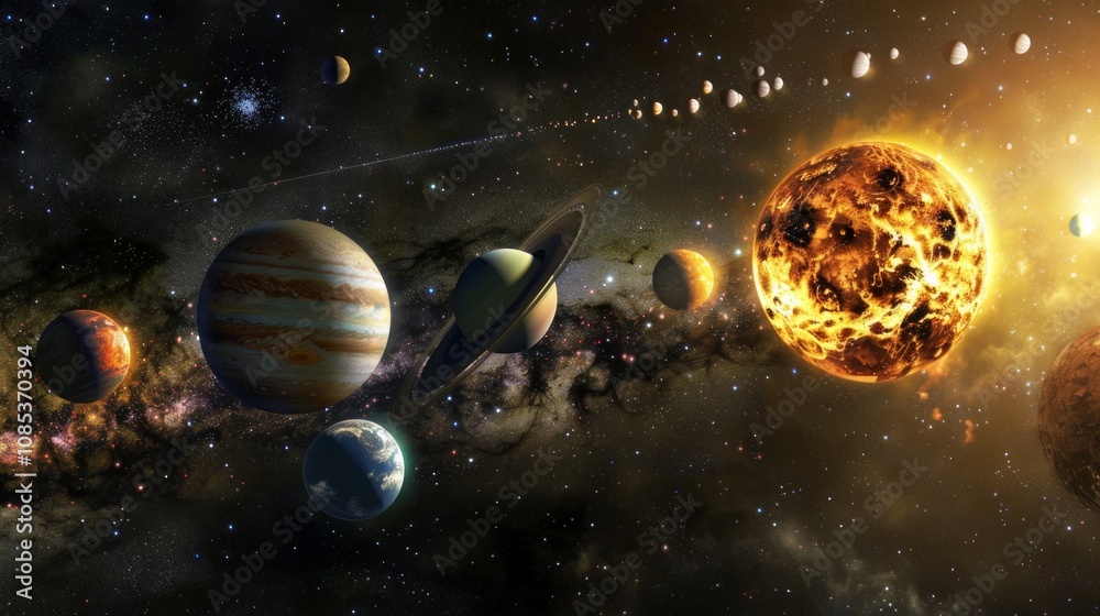 Artistic depiction of the Solar System with 8 planets shown in order ...