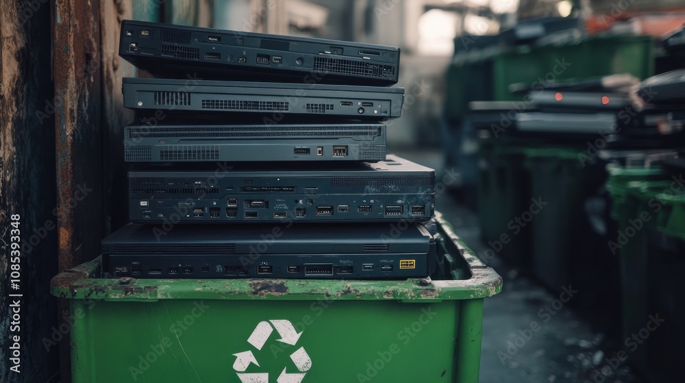 A stack of laptops ready to be recycled into a green bin with a ...