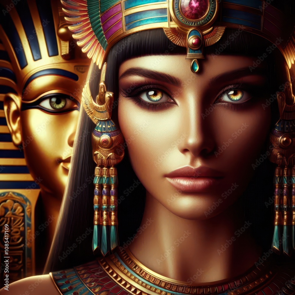 Design of the Egyptian Queen Cleopatra and behind her the Egyptian King ...