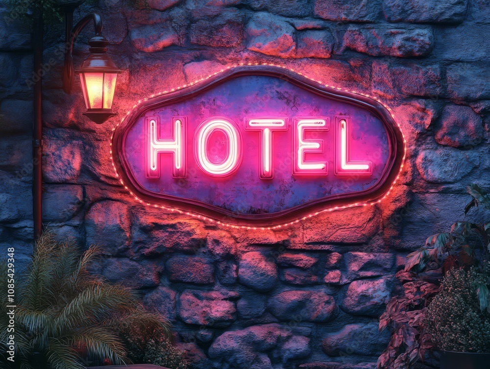 Vector realistic isolated neon sign of the text "HOTEL" frame logo on ...
