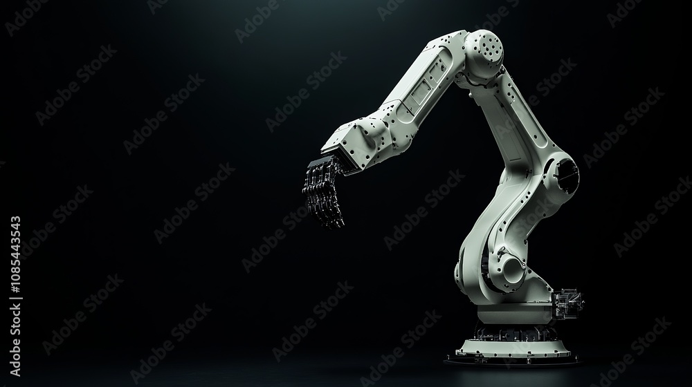 Industrial robot with articulating joints and gripper on a black ...
