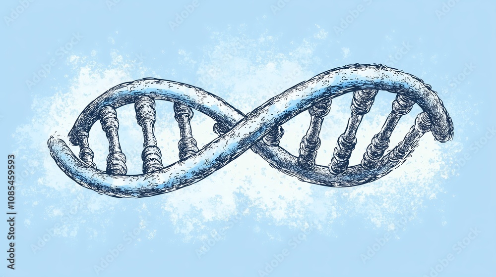 A detailed pen-and-ink style illustration depicting the DNA double ...