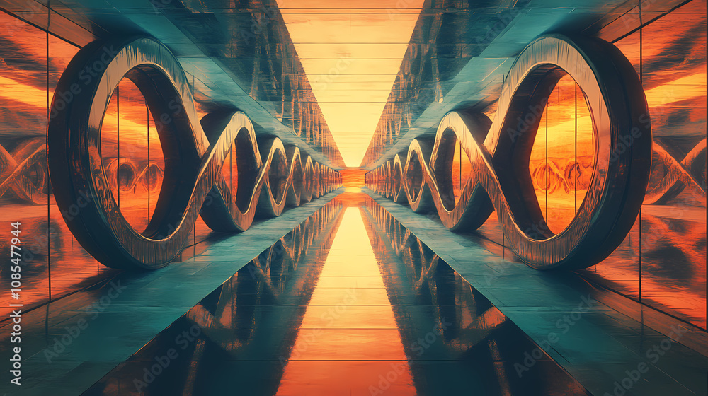 An artistic depiction of an infinite mirror room effect with repeating ...