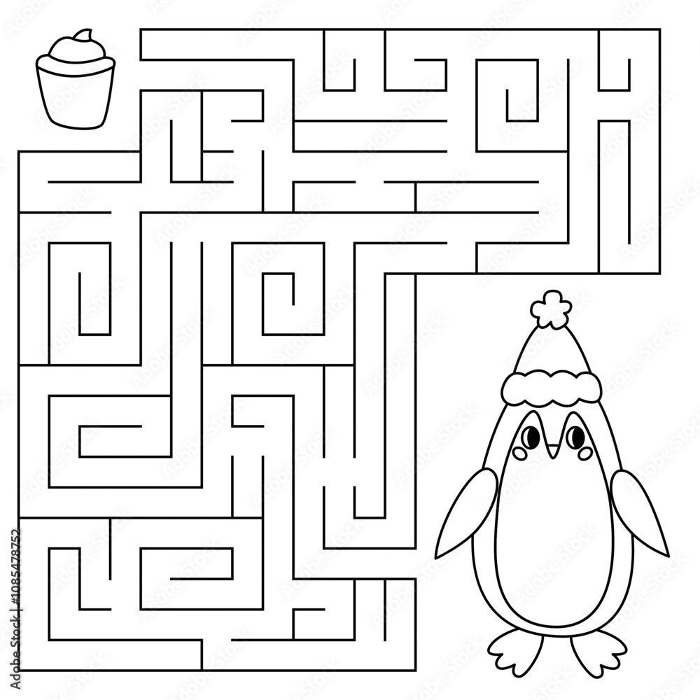 Winter line maze game for kids. Cute penguin looking for a way to the ...