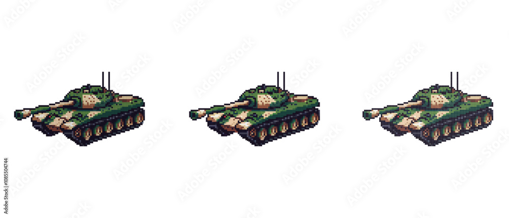 This image shows a pixel art tank with a green and beige camouflage ...