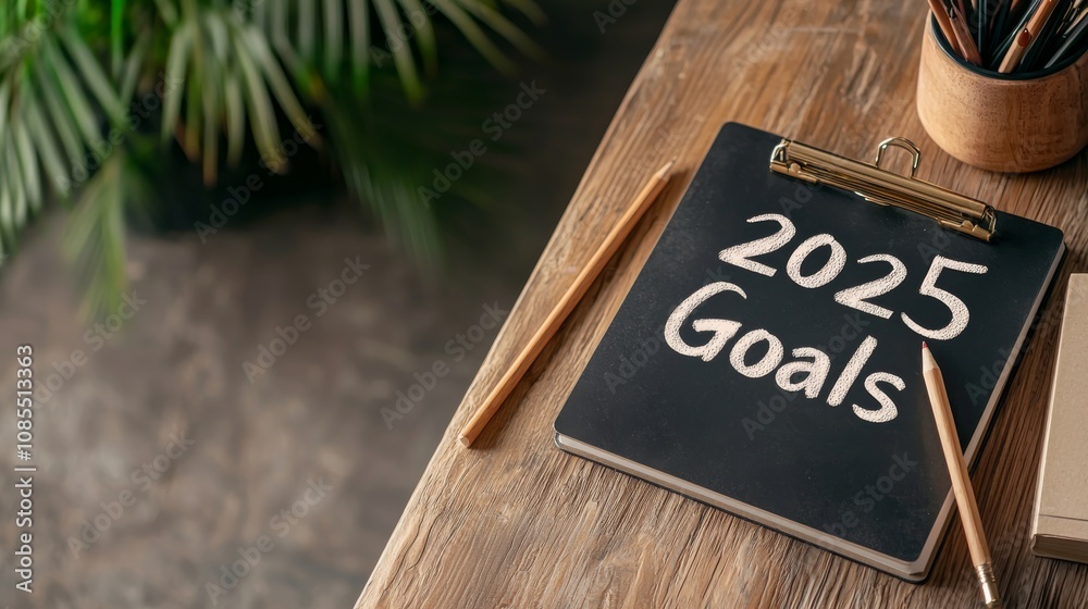 2025 goal setting planning.A chalkboard displays "2025 Goals" alongside ...