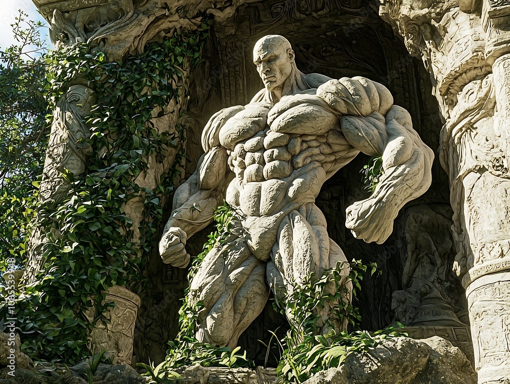 Colossal Stone Bodybuilder Statue Flexing Muscles in Ancient Temple ...