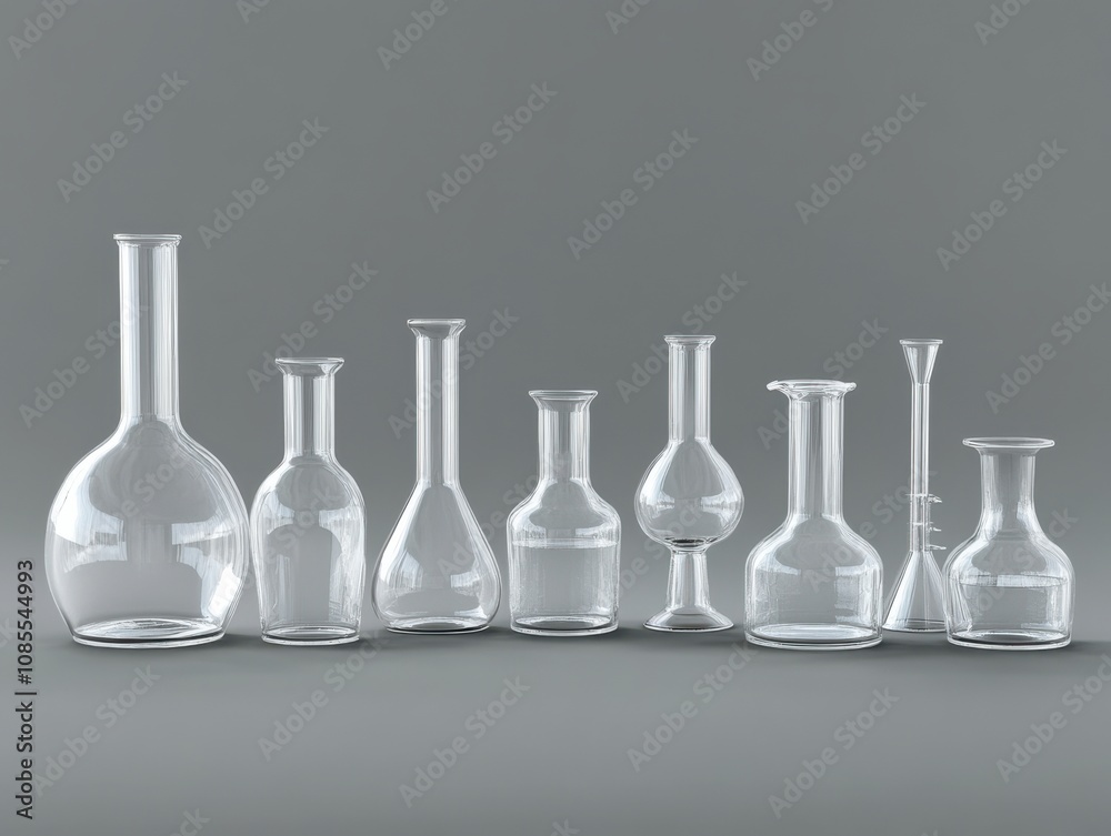 A collection of empty glass laboratory beakers and flasks of varying ...