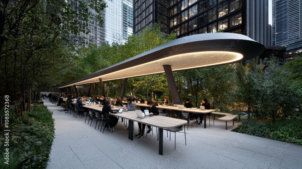 A modern outdoor classroom with students using tablet devices under a ...