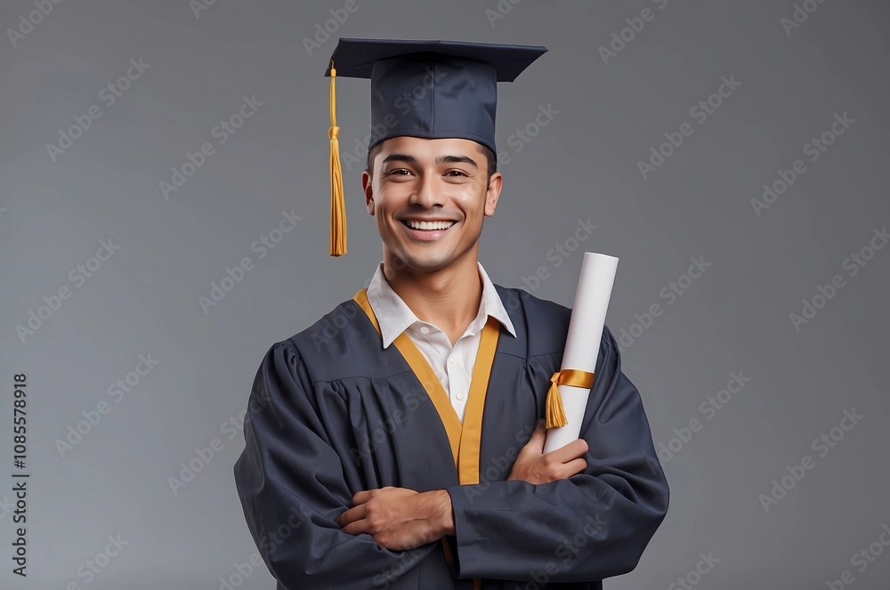 Studio portrait of satisfied student with his graduation certificate ...