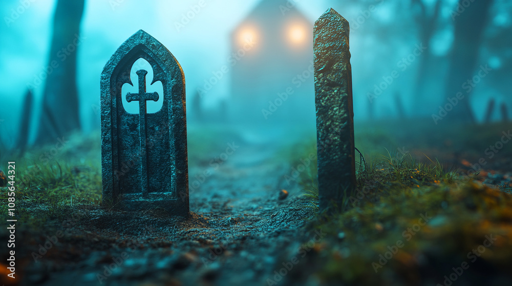 Mystical Graveyard Scene with Fog, Ancient Tombstones, Gothic ...