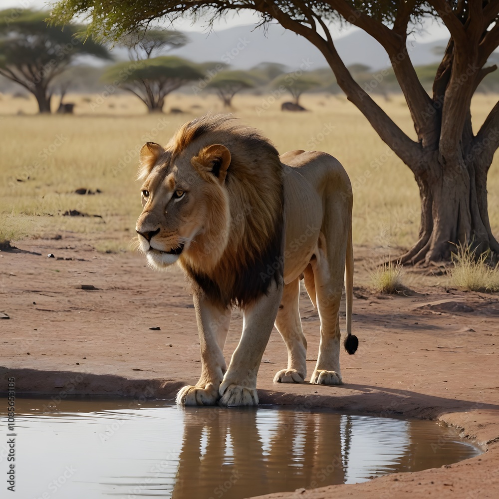 Majestic African Lion in Savanna Landscape: A Serene Moment by a ...
