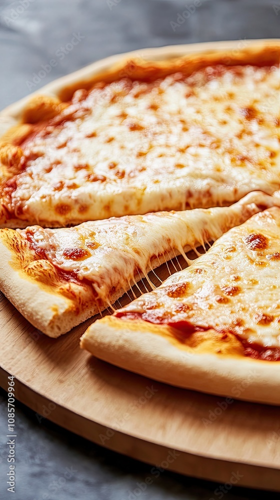 Delicious cheese pizza being pulled from a wooden board at a charming ...