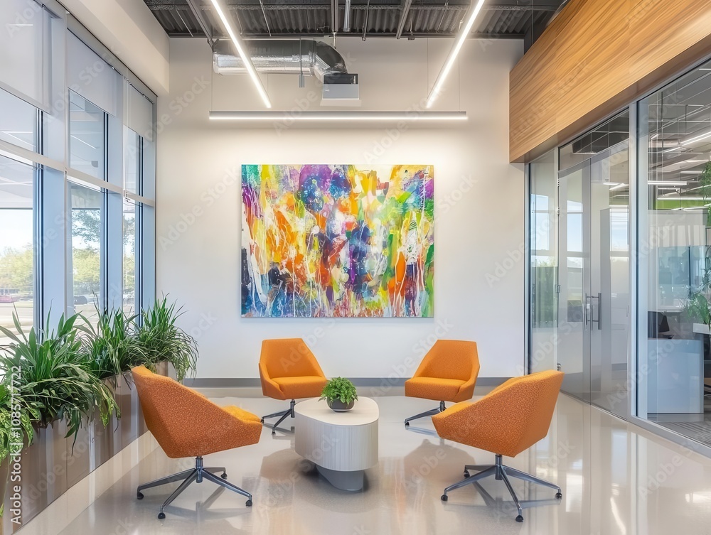 contemporary workspace filled with abstract art, vibrant colors, and ...